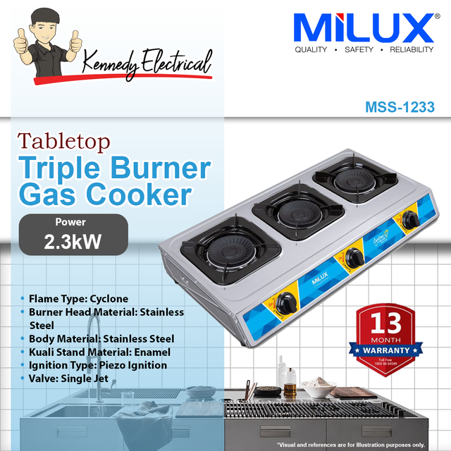 Milux 2.3kW Cyclone Flame Tabletop Triple Gas Cooker MSS-1233 | Kennedy ...