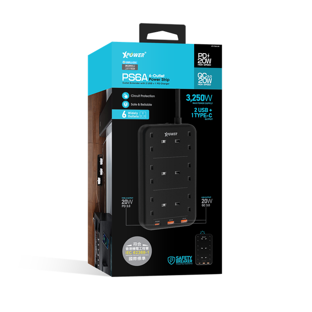 XPower PS6A 2合1 PD 3.0充電6頭拖板 XPower PS6A 2 IN 1 PD 3.0 6 SOCKETS POWER STRIP | New Task Company