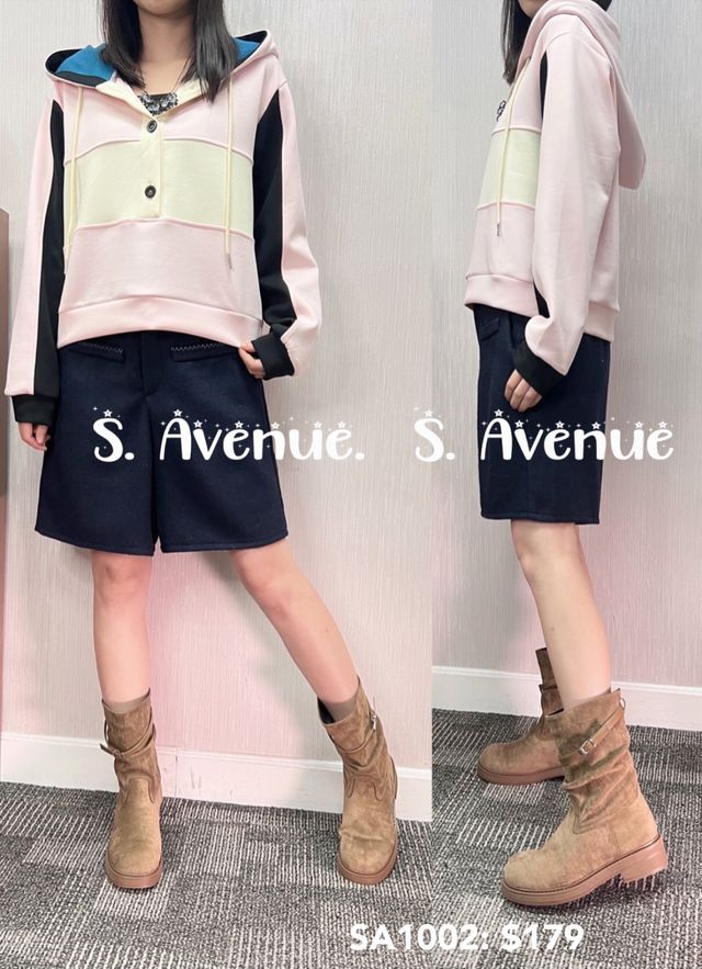 SA1002: 長袖有帽領有鈕間色tee | S. Avenue