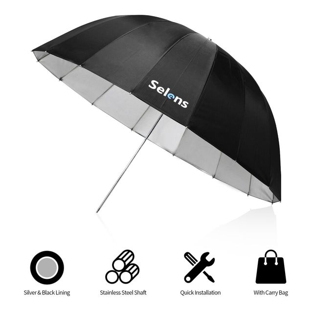 SELENS 130cm Parabolic Reflective Umbrella Black Silver (16 Pod) 十六角深抛內 ...