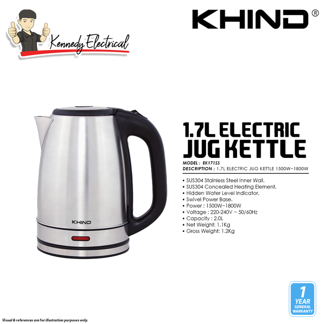 Khind 1.7L Electric Jug Kettle 1500W~1800W EK171SS | Kennedy Electrical ...