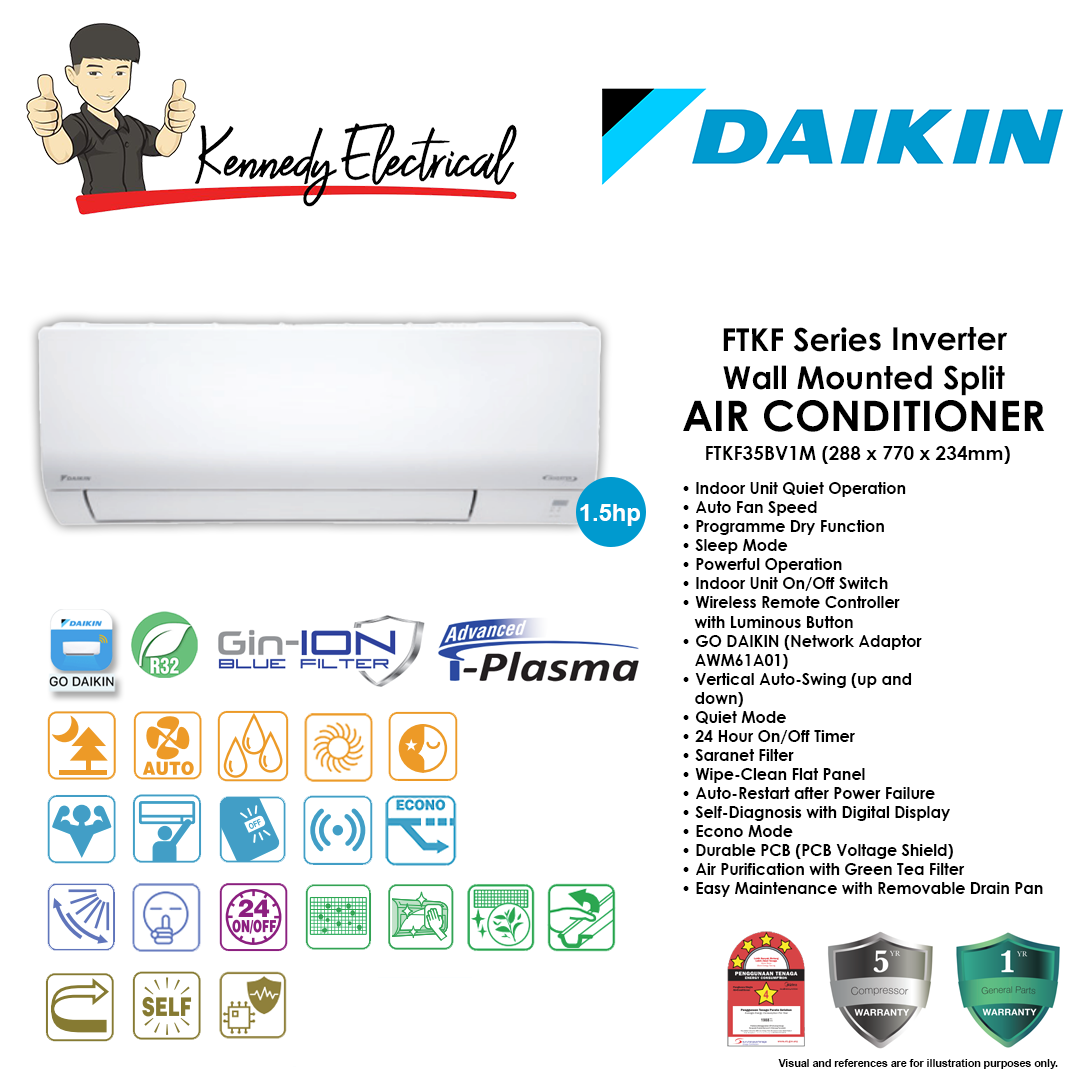Daikin 1.5HP FTKF Series Inverter Wall Mounted Split Air Conditioner FTKF35BV1MF | Kennedy ...