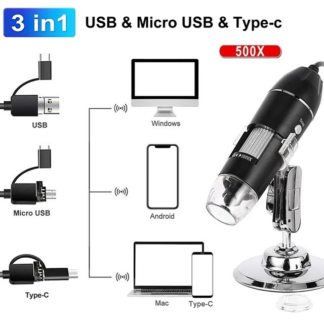 3 IN 1 HD USB Digital Microscope With Stand 電子顯微鏡 (500x、1000x、1600x ...