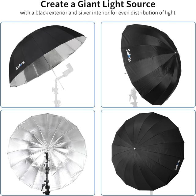 SELENS 165cm Parabolic Reflective Umbrella Black Silver (16 Pod) 十六角深抛內 ...