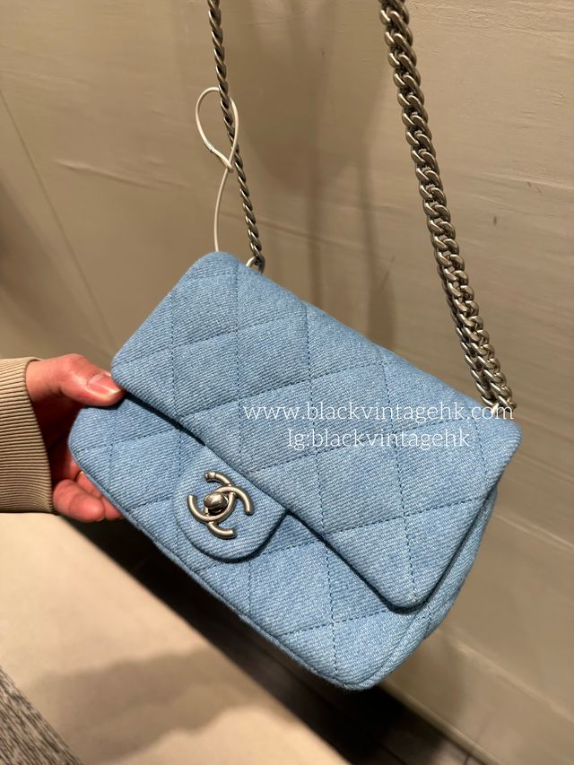 全新現貨轉數快價💰41800 全新never worn Chanel 25p 牛仔布denim mini square 心心調節扣 phw ...