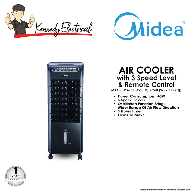 Midea AIR COOLER with 3 Speed Level & Remote Control MAC-106A-BK ...